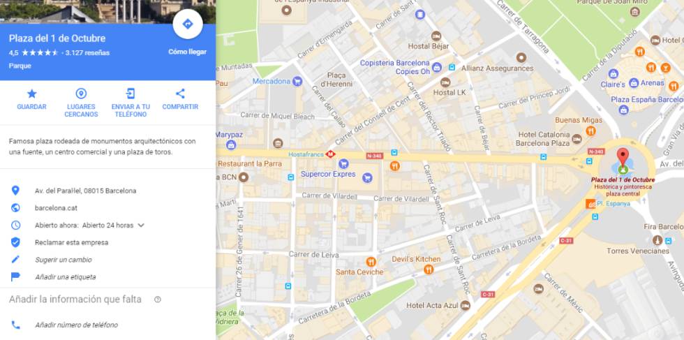 La Plaza de España de Barcelona aparece en Google Maps como Plaza del 1 ...